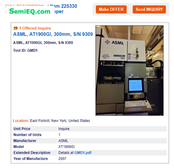 ASML XT1900Gi Immersion Lithography - 半导体二手设备交易平台